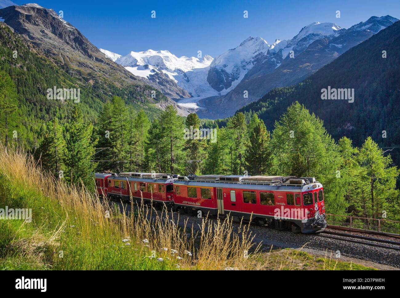 Train of the Bernina line over the Morteratsch valley with Bellavista ...