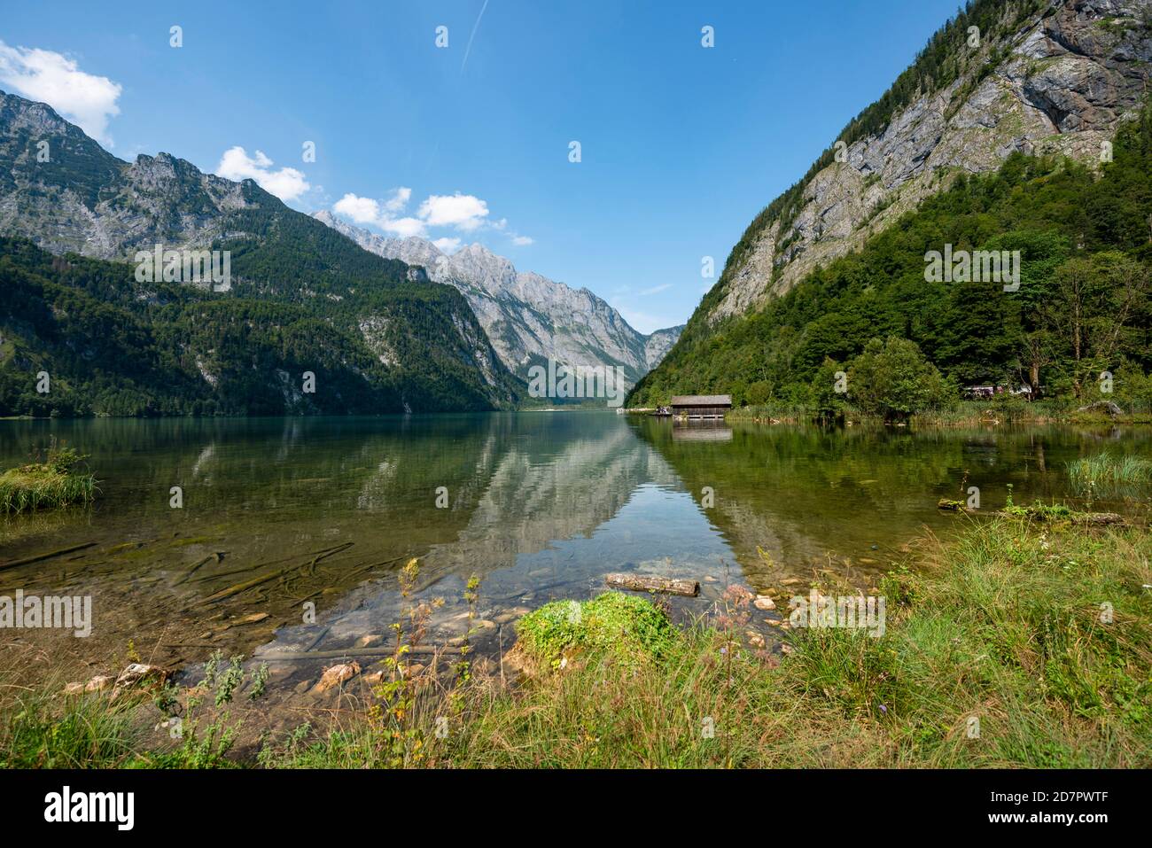 Mountains reflected in the lake, view of the Salet Boat landing stage ...