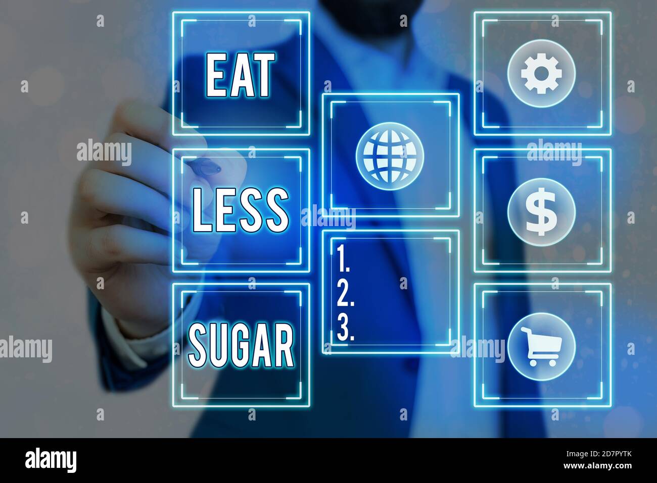 Writing note showing Eat Less Sugar. Business concept for reducing ...