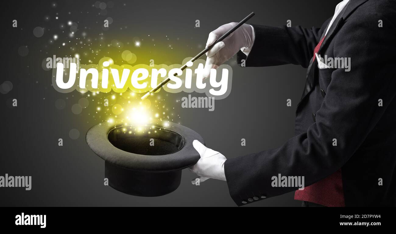 Magician is showing magic trick with University inscription ...