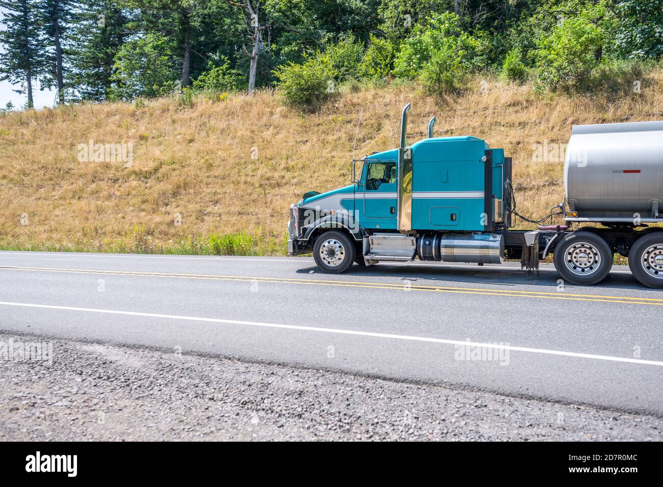 Profile of industrial big rig diesel semi truck tractor with vertical ...