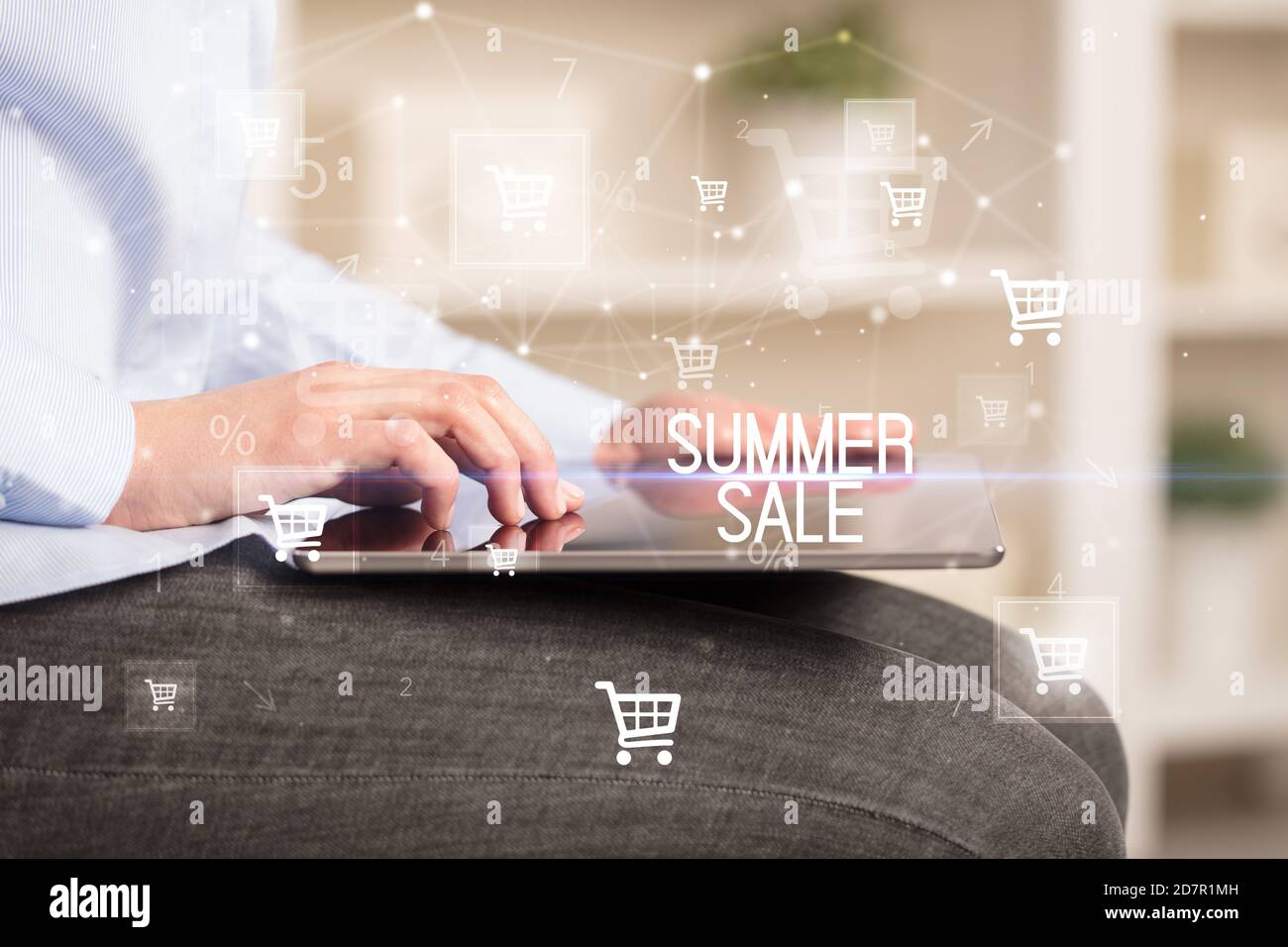Young person makes a purchase through online shopping application with ...