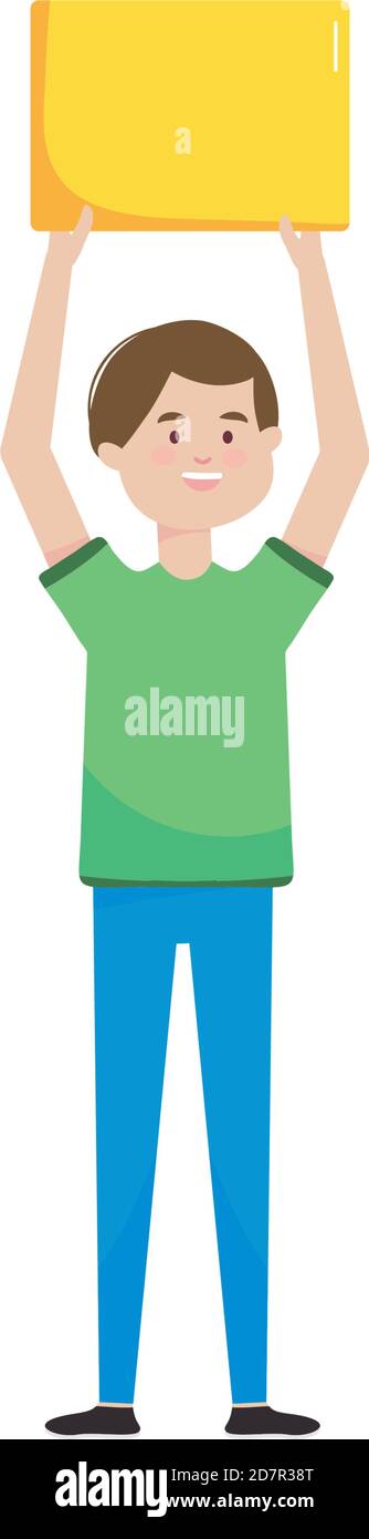 cartoon young man holding up a placard over white background, flat ...