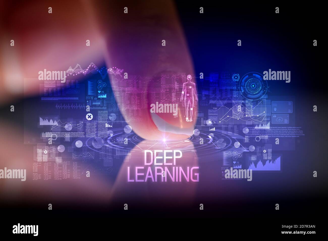 Finger touching tablet with web technology icons and DEEP LEARNING ...