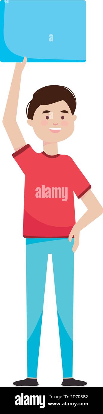 cartoon man holding up a placard over white background, flat style ...