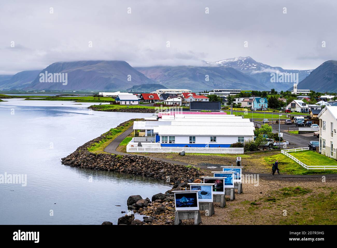 Hofn, Iceland - June 15, 2020: Landscape view of village by fjord water ...