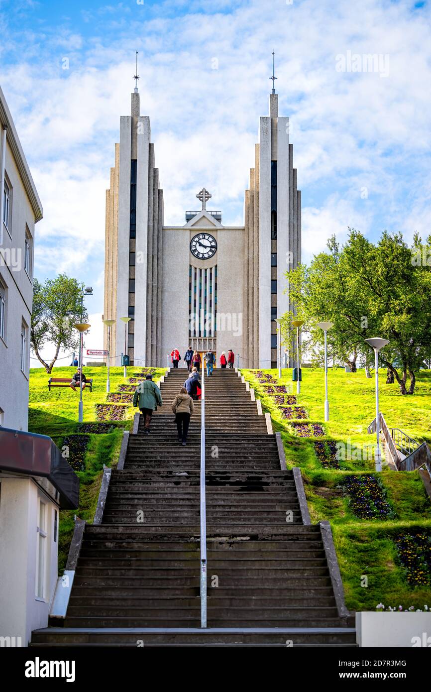 Akureyri, Iceland - June 17, 2018: Town village city with vertical view ...
