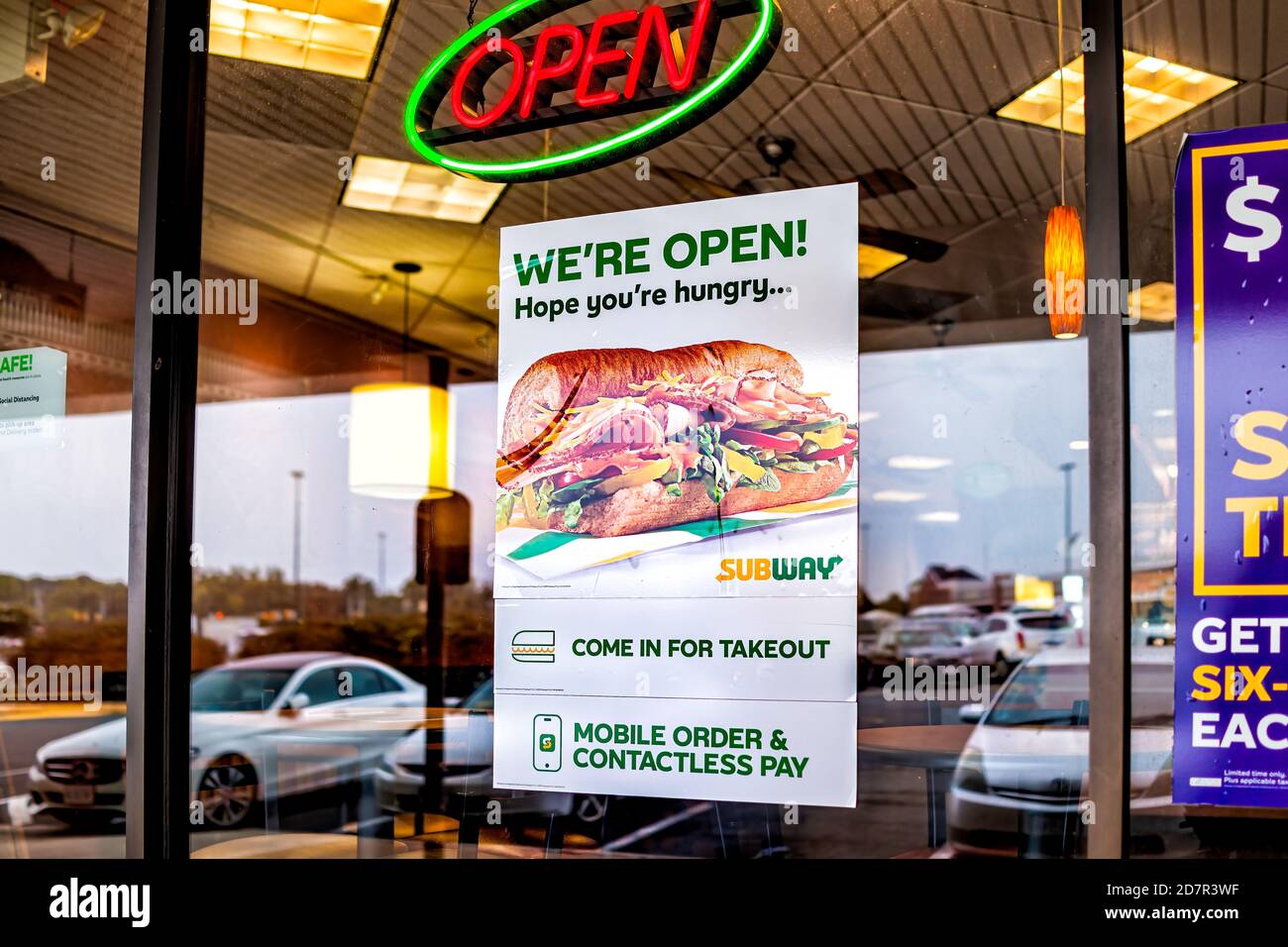 Sterling, USA - September 9, 2020: Sign for open business Subway with ...