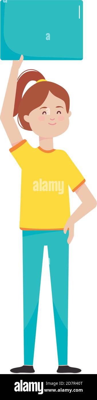 cartoon woman holding up a placard over white background, flat style ...