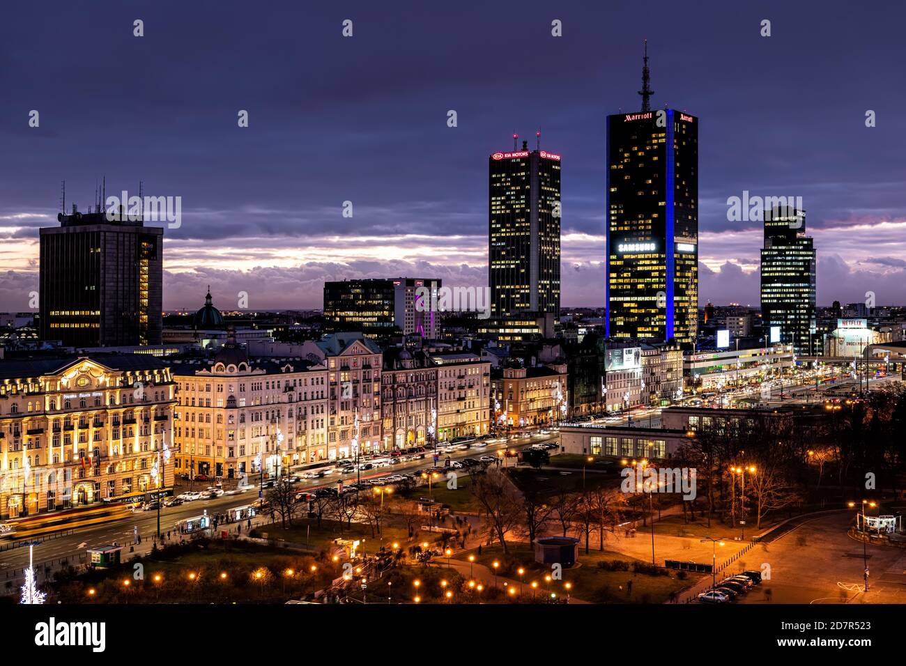 Warsaw, Poland - January 22, 2020: High angle aerial panoramic view of Warszawa cityscape ...
