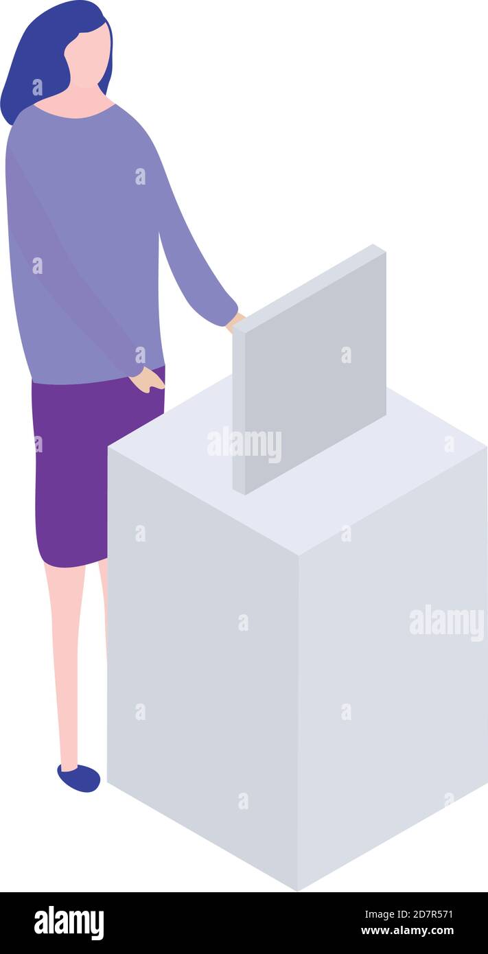 cartoon woman standing and computer on stand over white background ...
