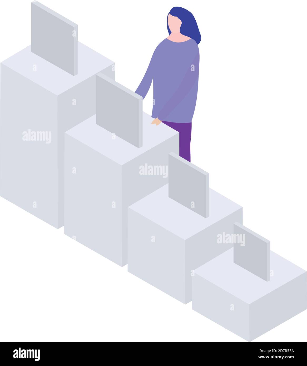 computers stands and woman standing near over white background, flat ...