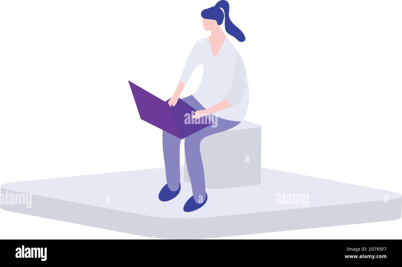 cartoon woman using a laptop computer sitting on platform over white ...