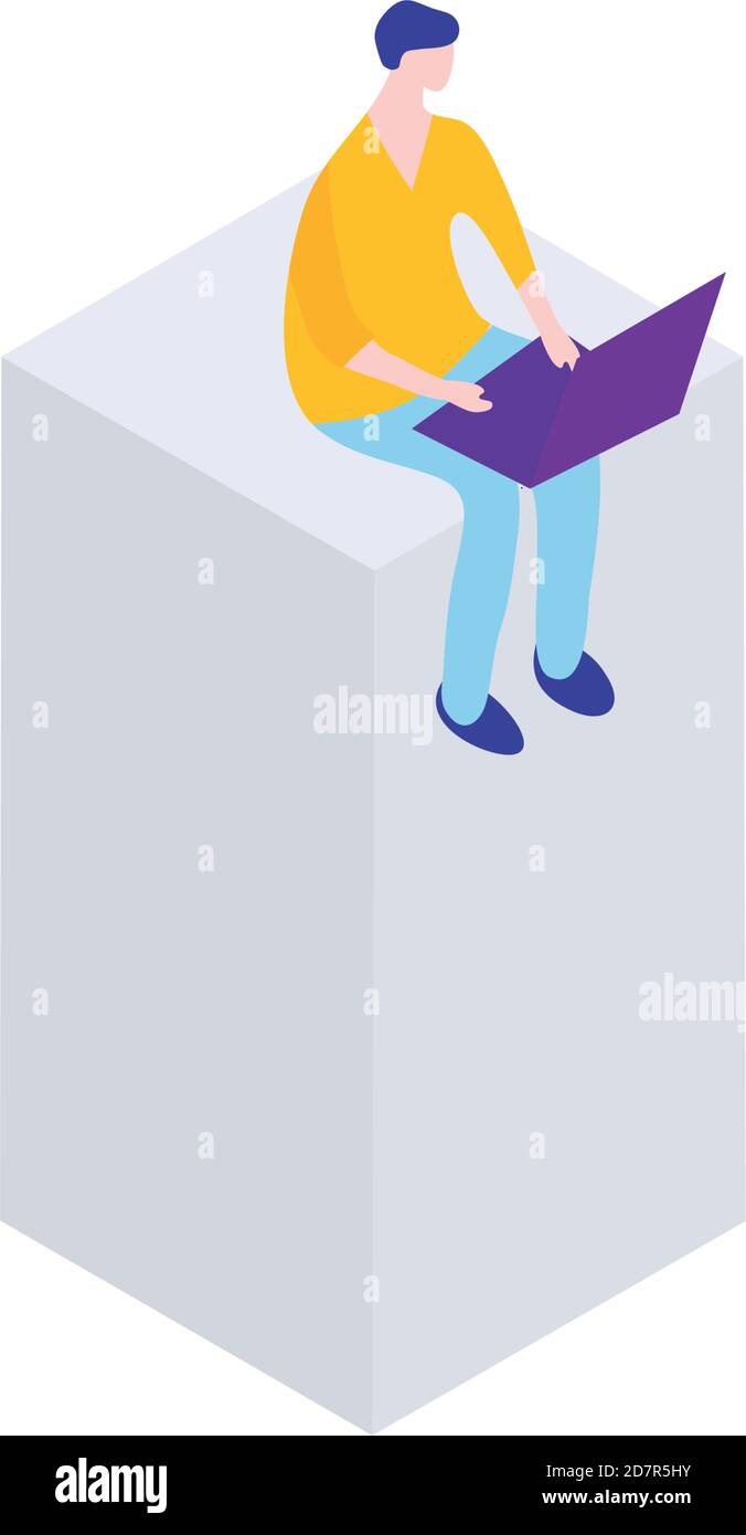 cartoon man using a laptop computer sitting on a square platform over ...