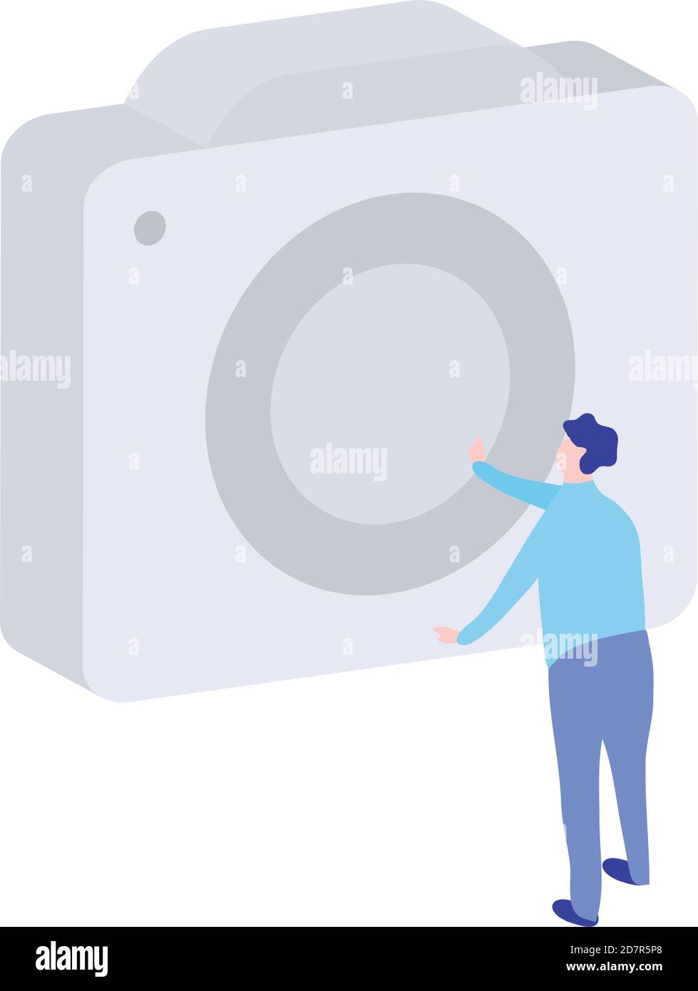 cartoon woman standing and big white camera over white background, flat ...