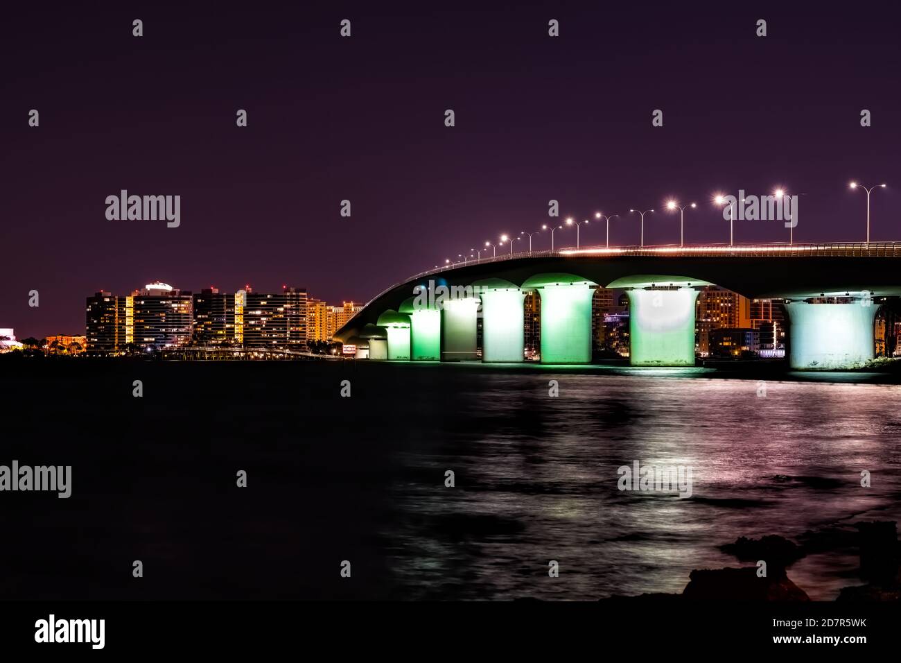 John Ringling causeway bridge in Sarasota Bay Florida at dark night ...