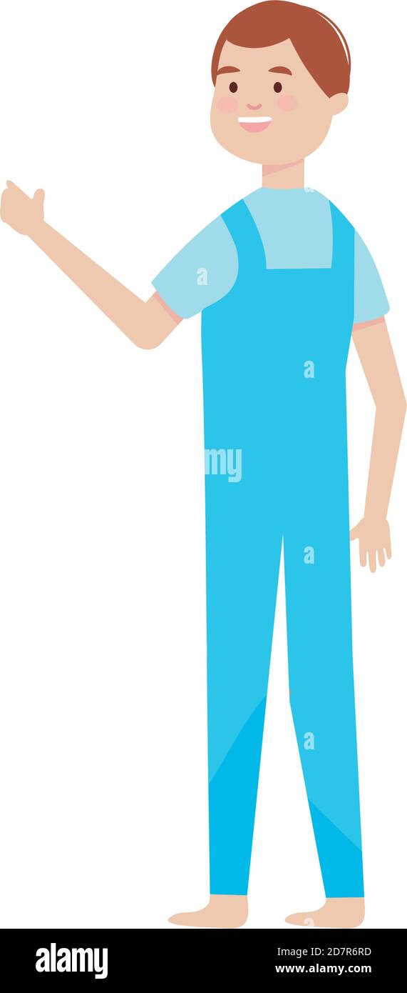 cartoon man wearing blue overalls over white background, flat style ...