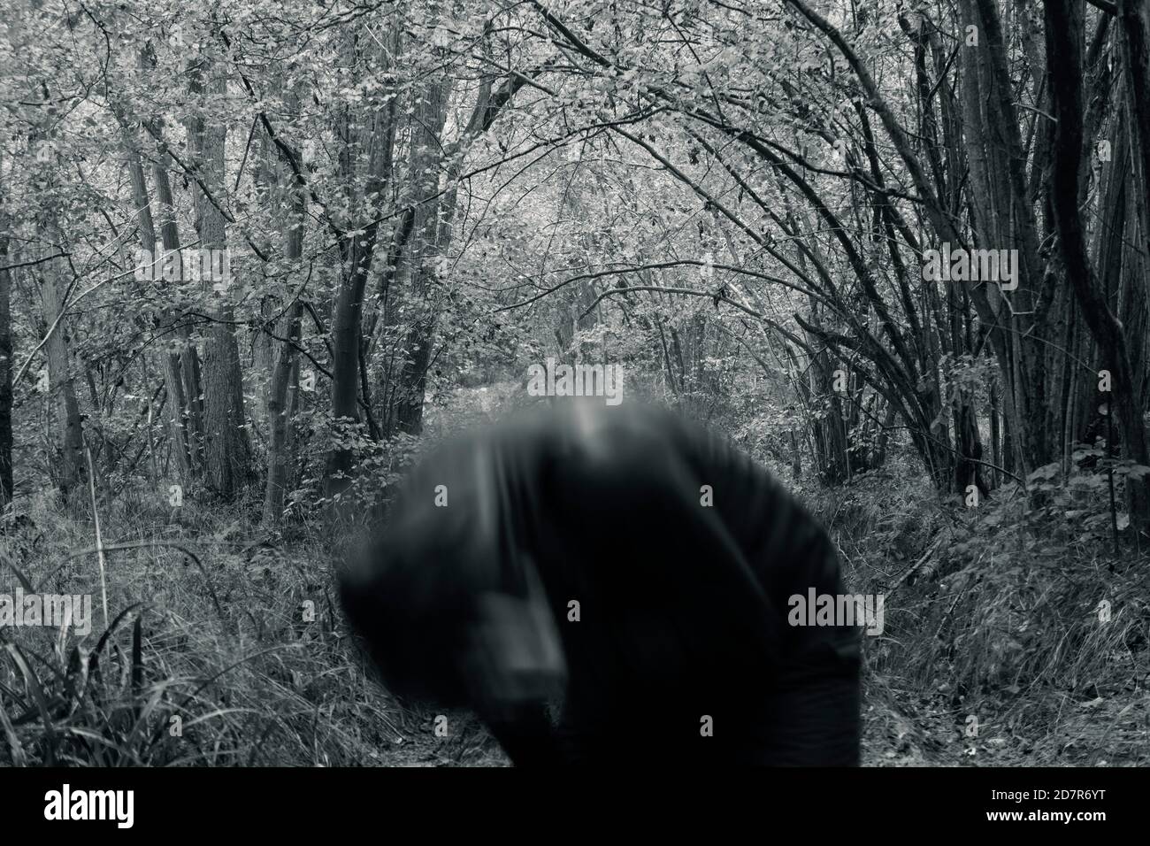 A blurred figure holding his head in his hands. In a forest. With a ...
