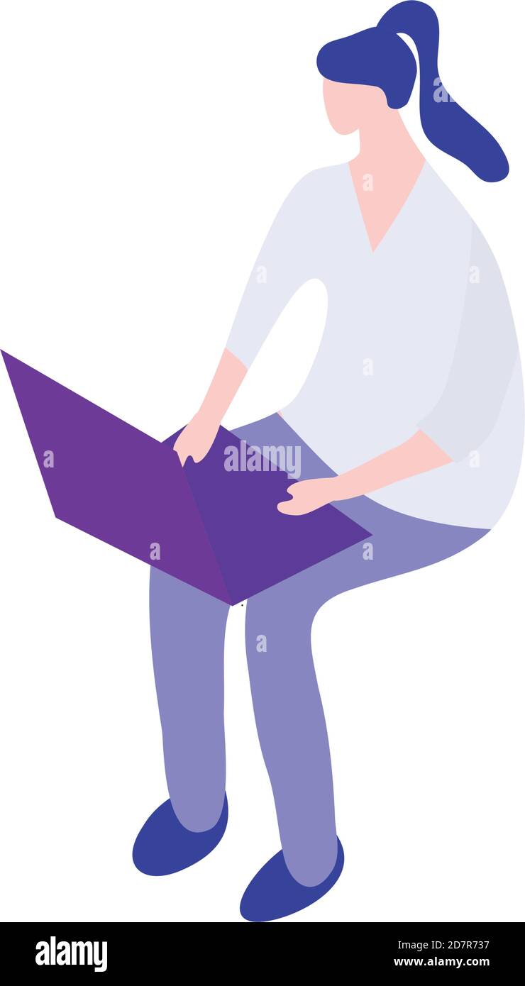 cartoon woman sitting using a laptop computer over white background ...