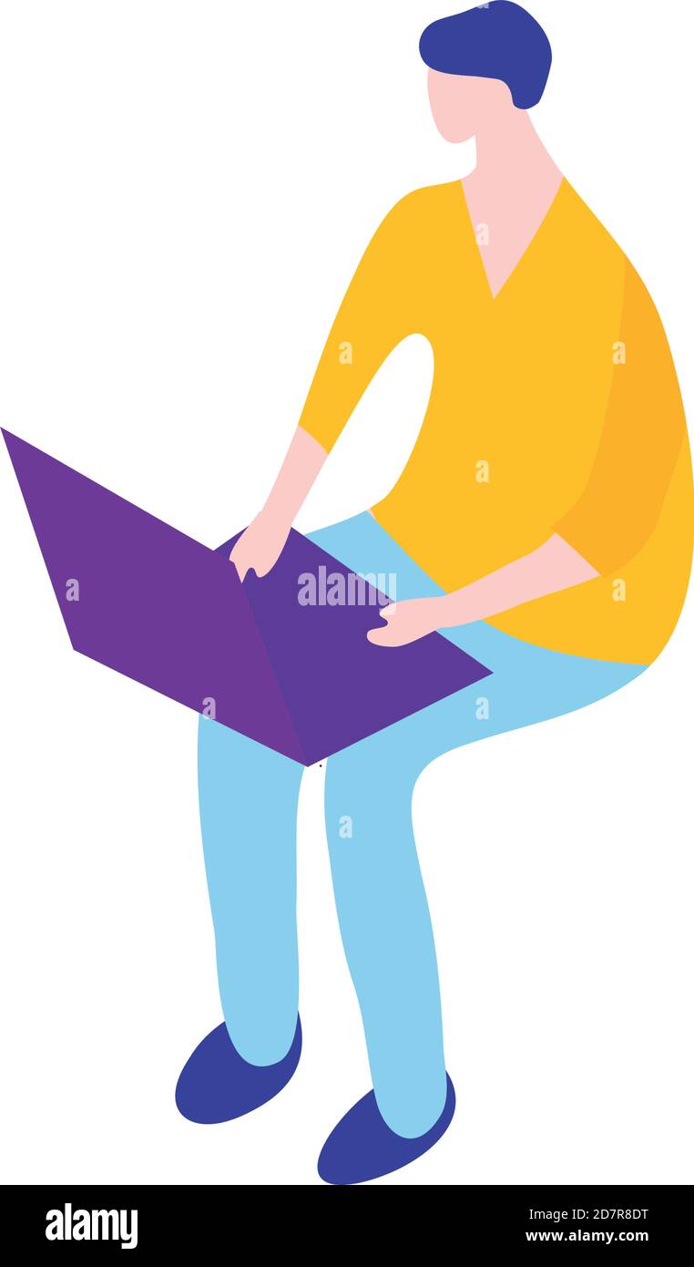 cartoon man sitting using a laptop computer over white background, flat ...