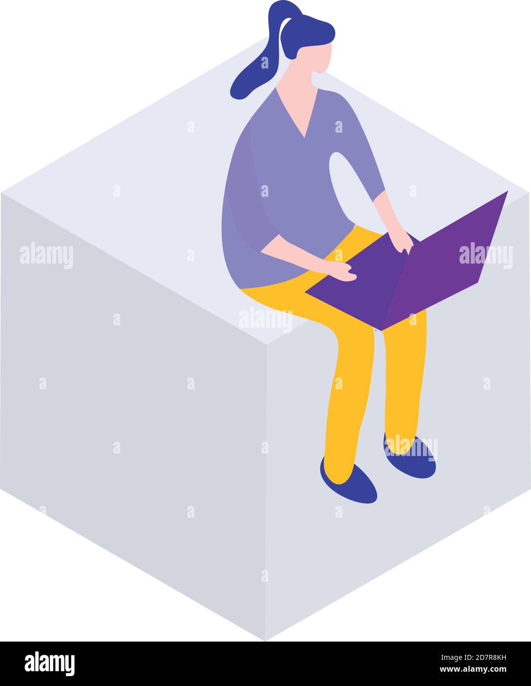 cartoon woman using a laptop computer sitting over white background ...