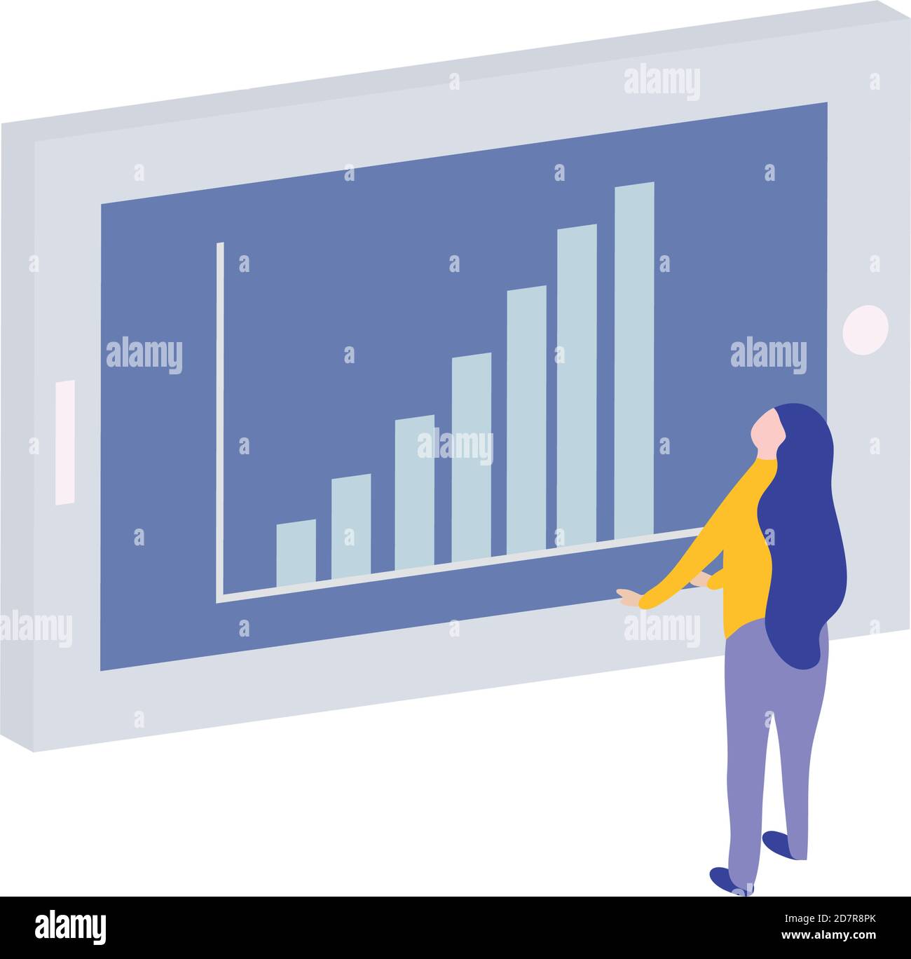 cartoon woman with big tablet with graphic bar chart on screen over ...