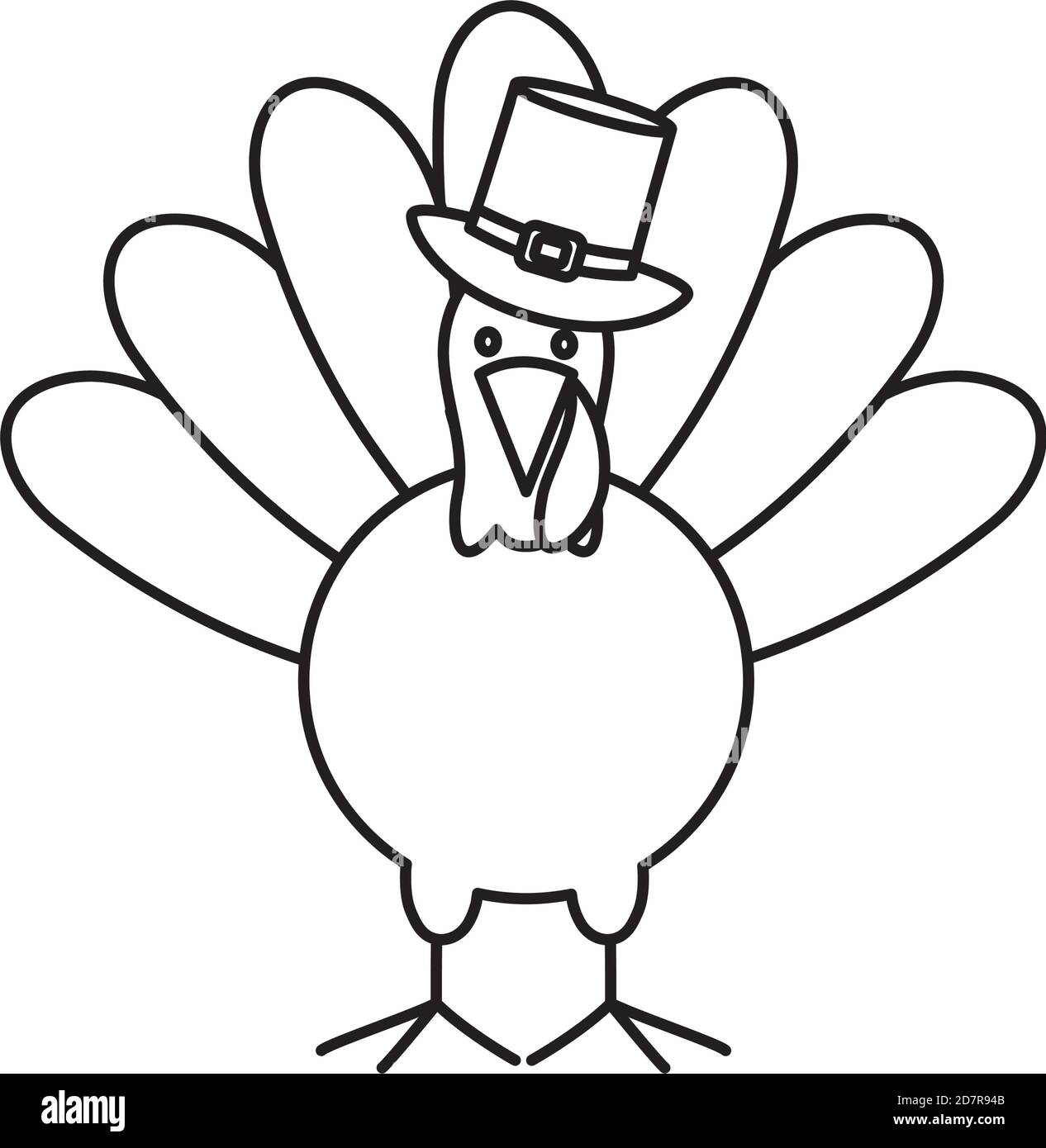 cartoon turkey with pilgrim hat over white background, line style ...