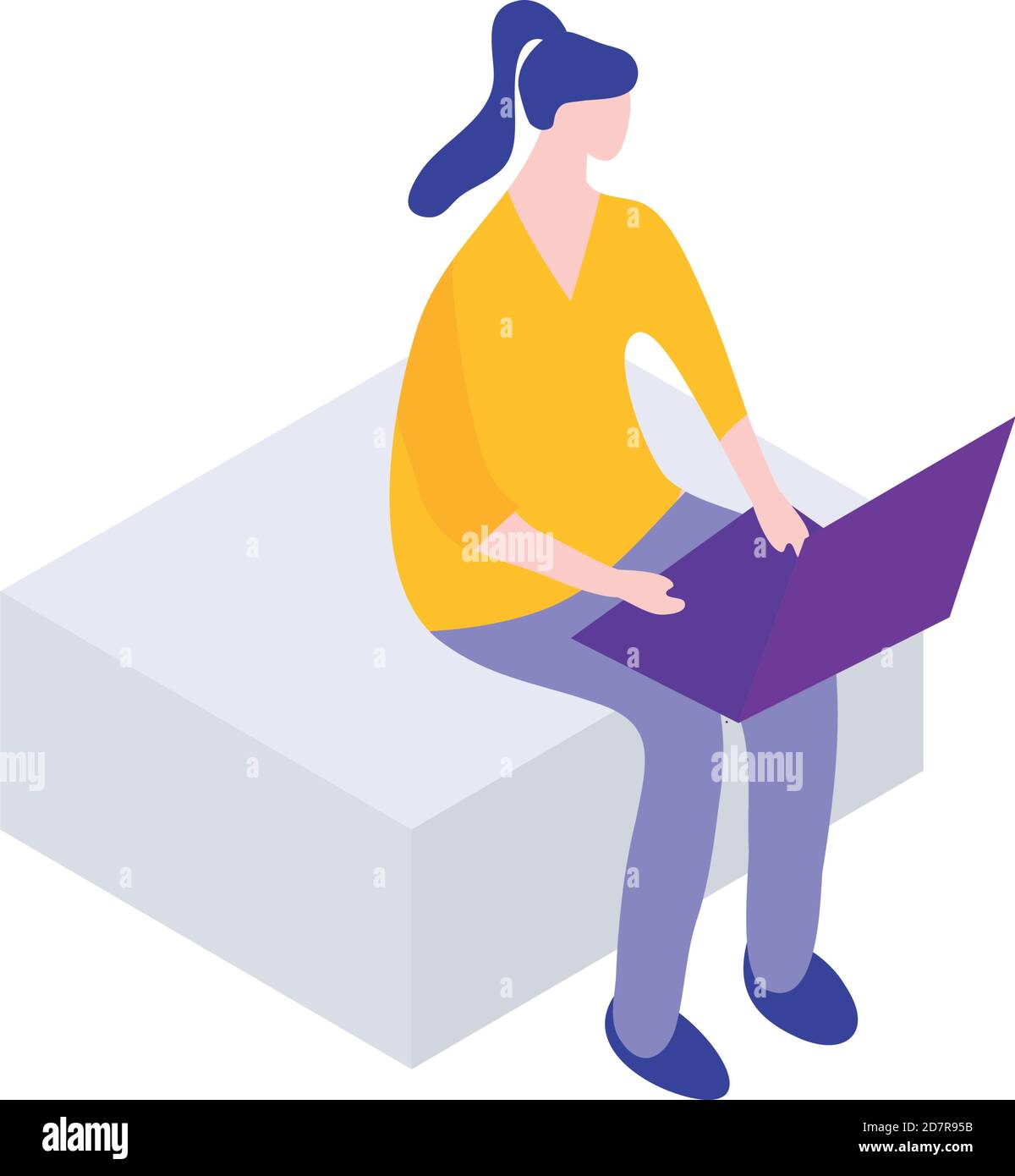 cartoon woman using a laptop sitting on a rectangular platform over ...