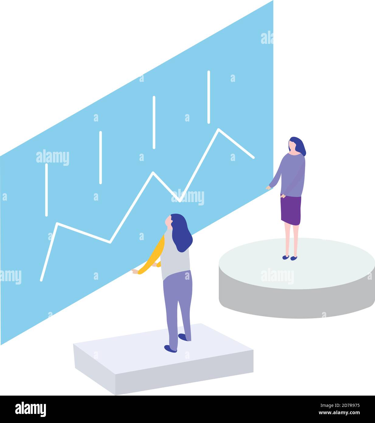 cartoon women standing on a plataforms watching a digital monitor over ...