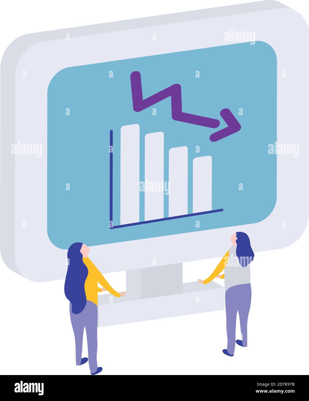 cartoon women standing around of computer with graphic bars chart over ...