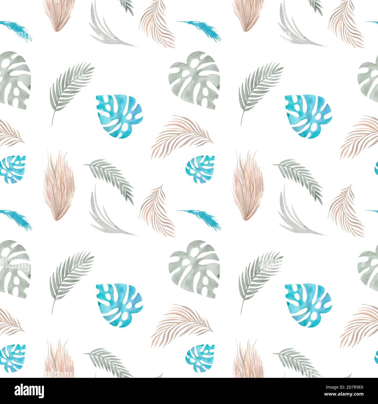 Seamless pattern Boho Tropical elements leaf palm grass. Watercolor ...