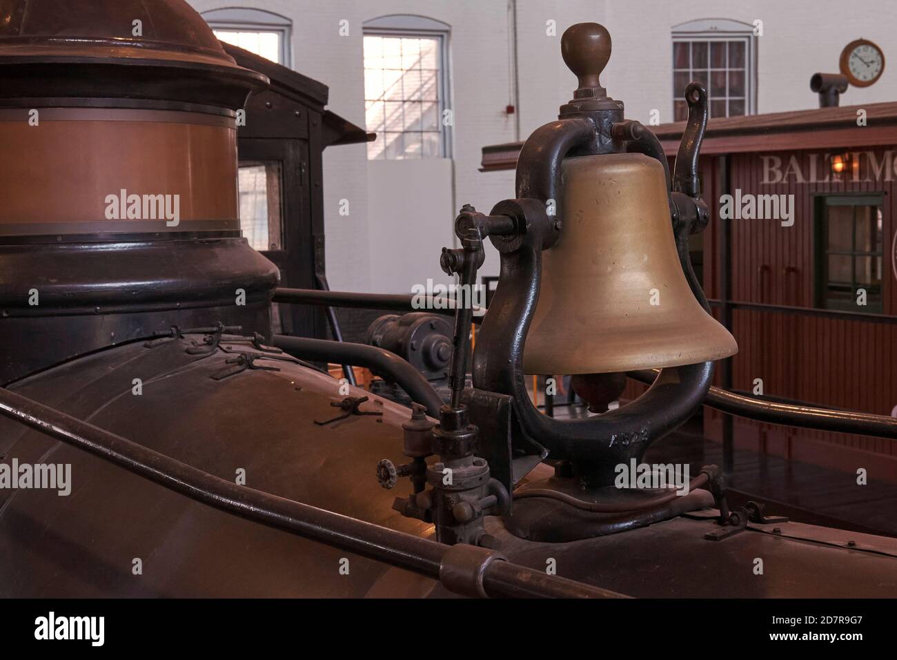 Steam locomotive bell on display in the roundhouse of the B&O Railroad ...