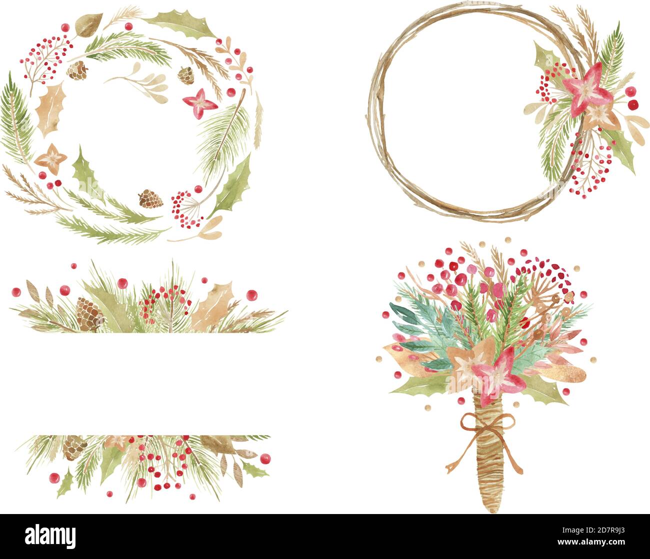 Merry Christmas holiday wreath. Winter floral frame. Gold hand ...