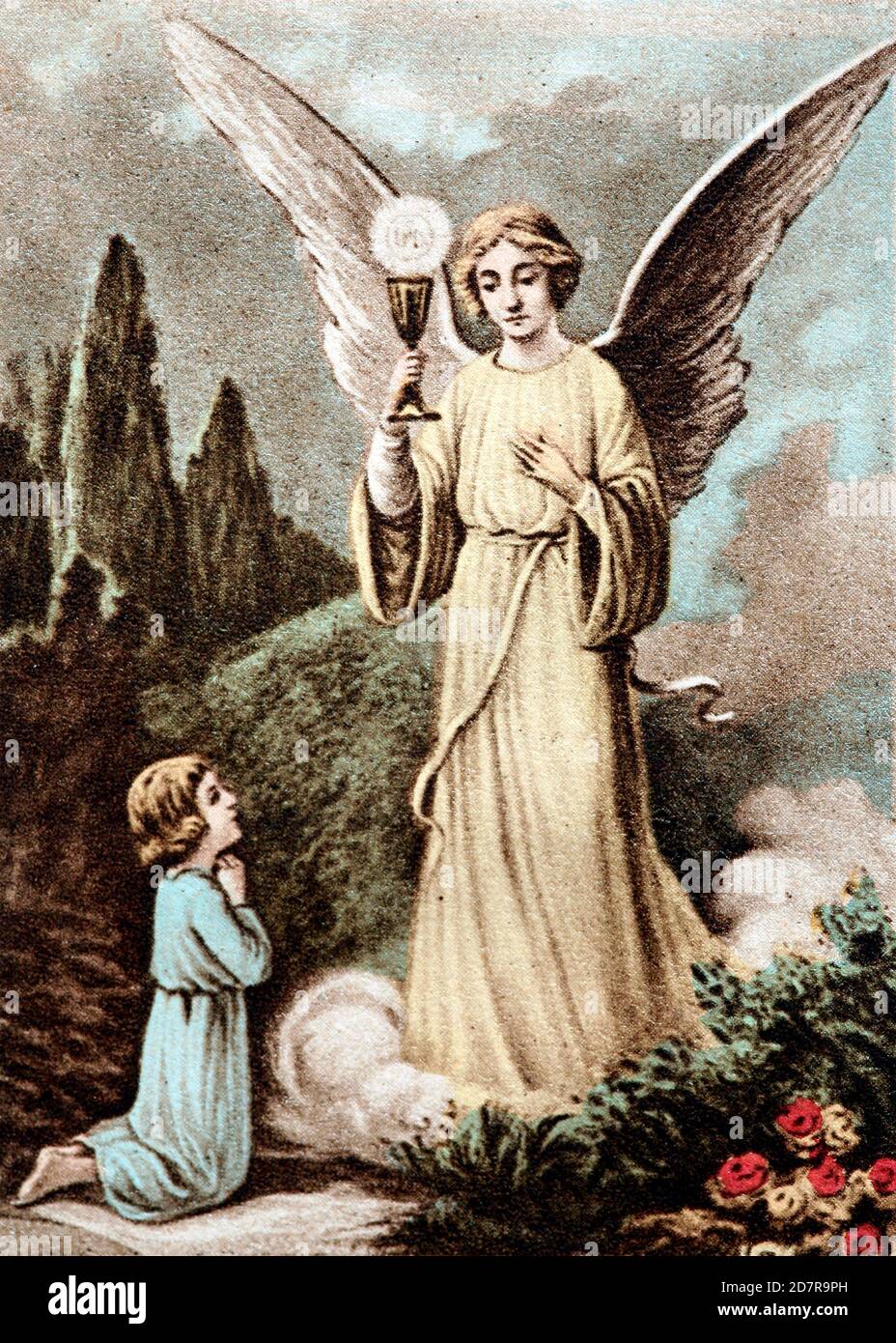 Old French card of an Angel of the Lord welcoming a child into the ...
