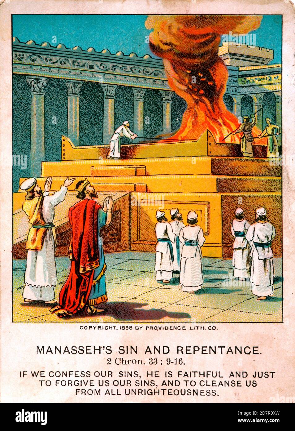 Old Sunday school card depicting Manasseh's sins and his repentance ...