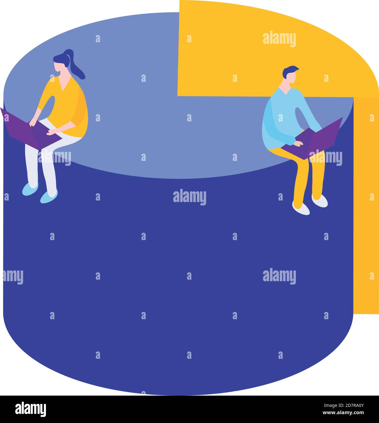 cartoon people sitting on 3d pie chart icon over white background, flat ...