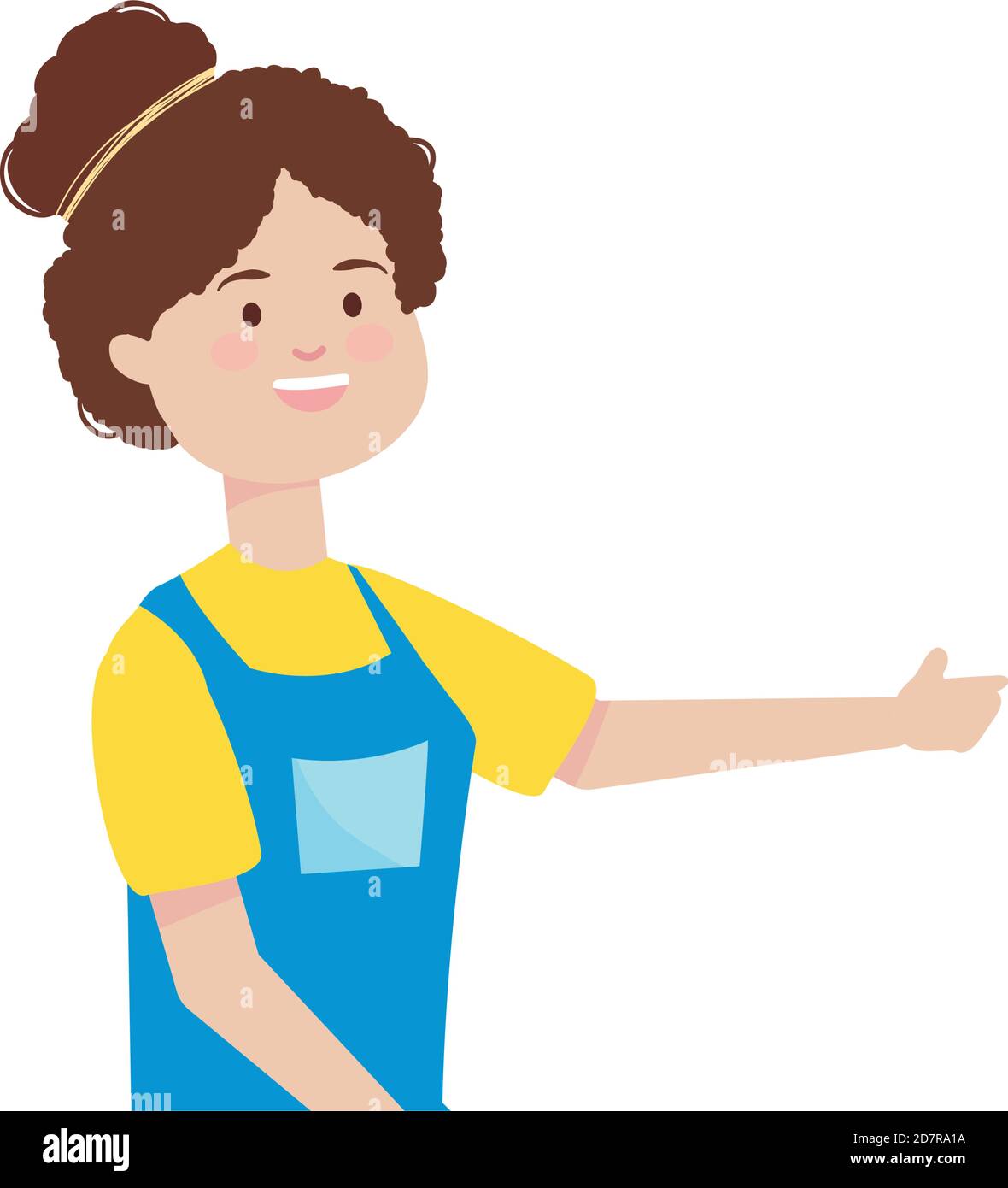 cartoon young woman wearing blue overalls over white background, flat ...