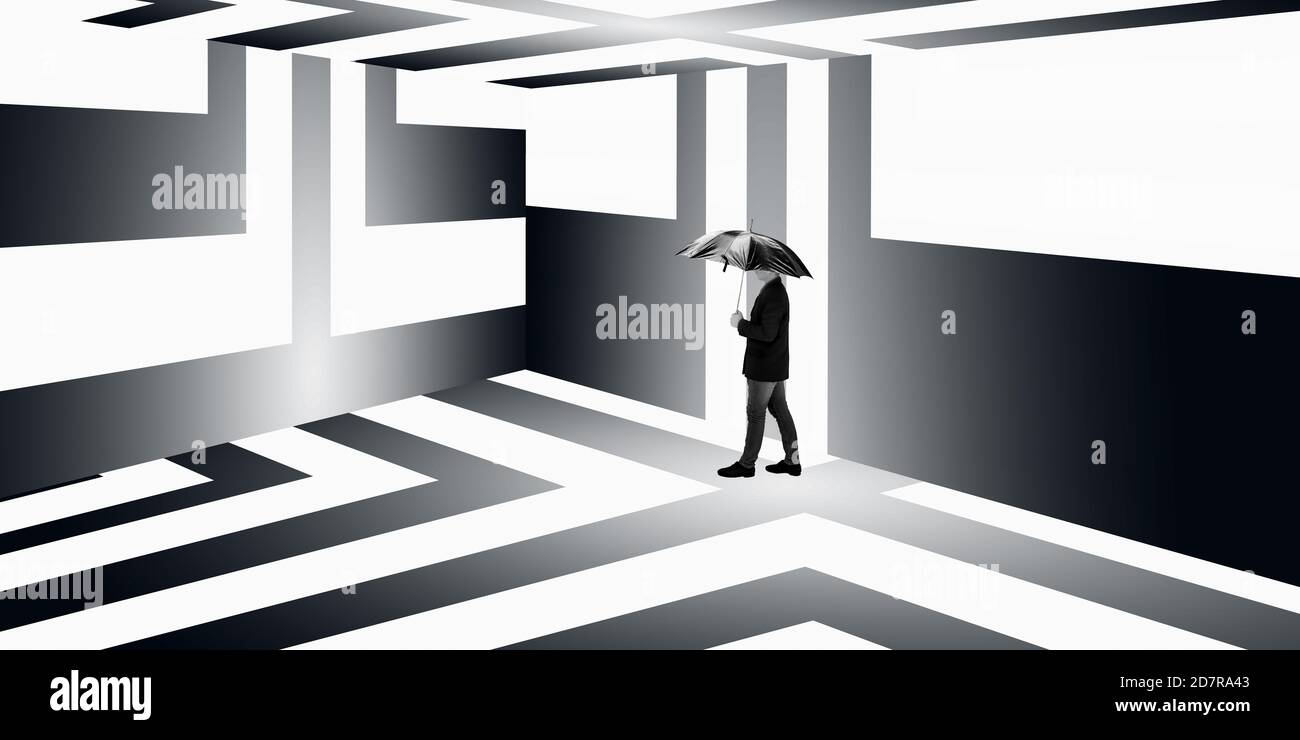 Shot of a confused stuck busy man in a illusional room Stock Photo - Alamy