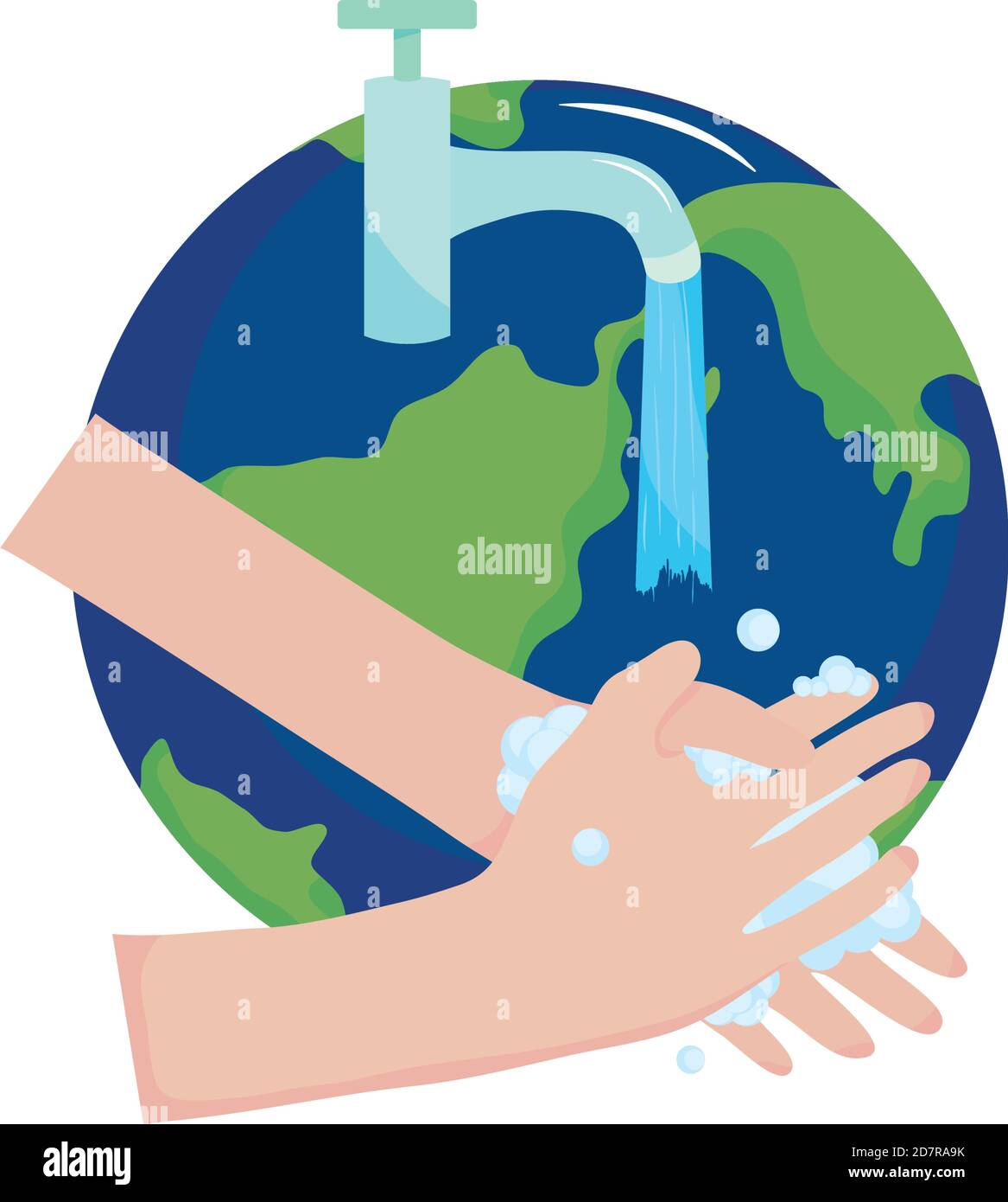 earth planet with water faucet and hands washing over white background ...