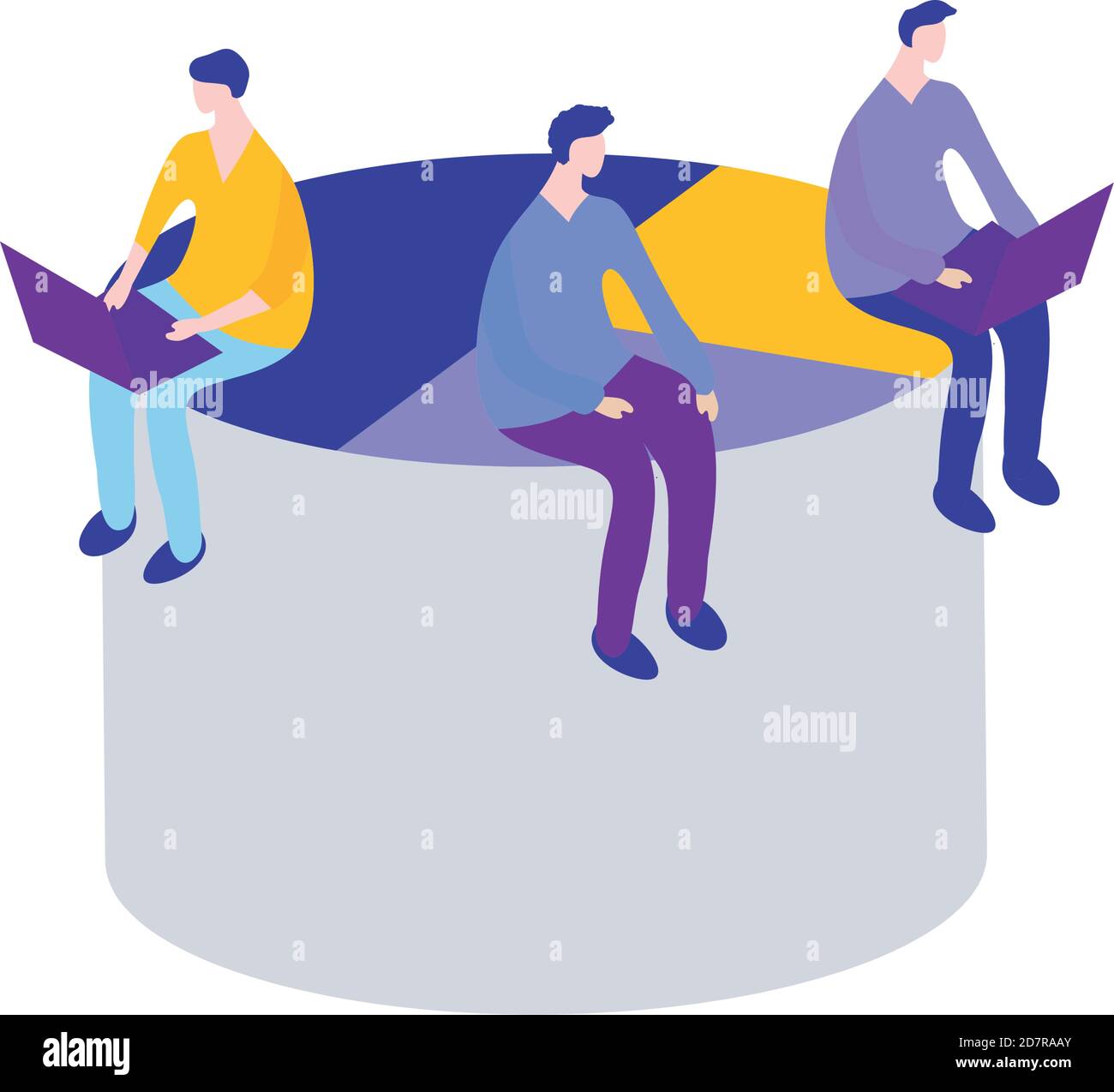 cartoon men using a laptop computers sitting on a round platform over ...