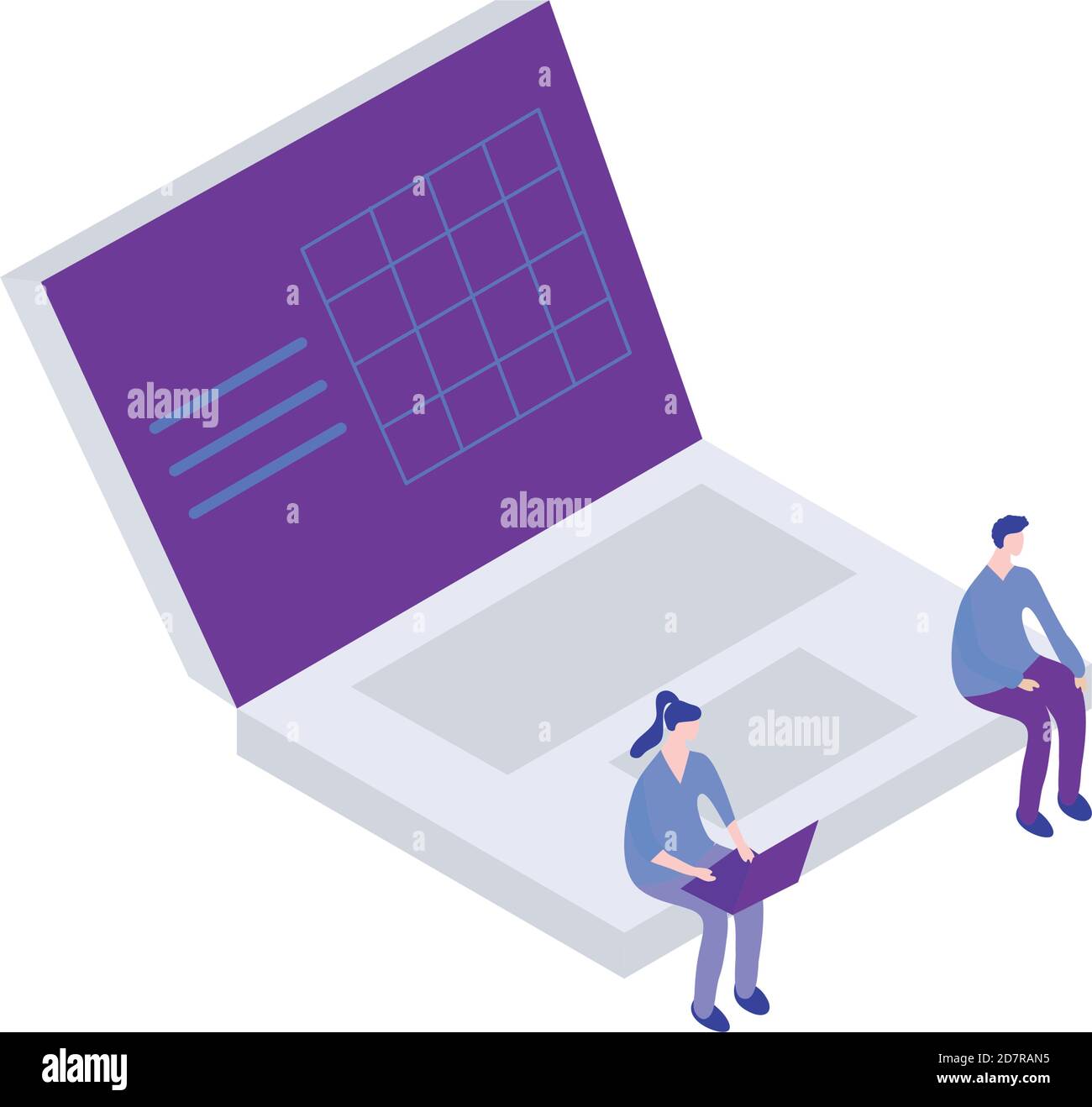 cartoon woman and man sitting on a laptop computer over white ...