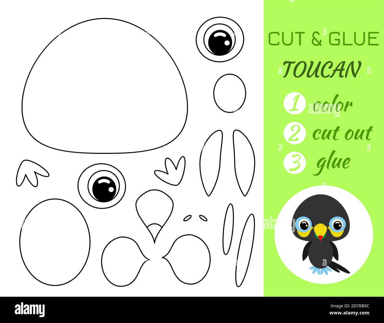Coloring book cut and glue baby toucan. Educational paper game for ...