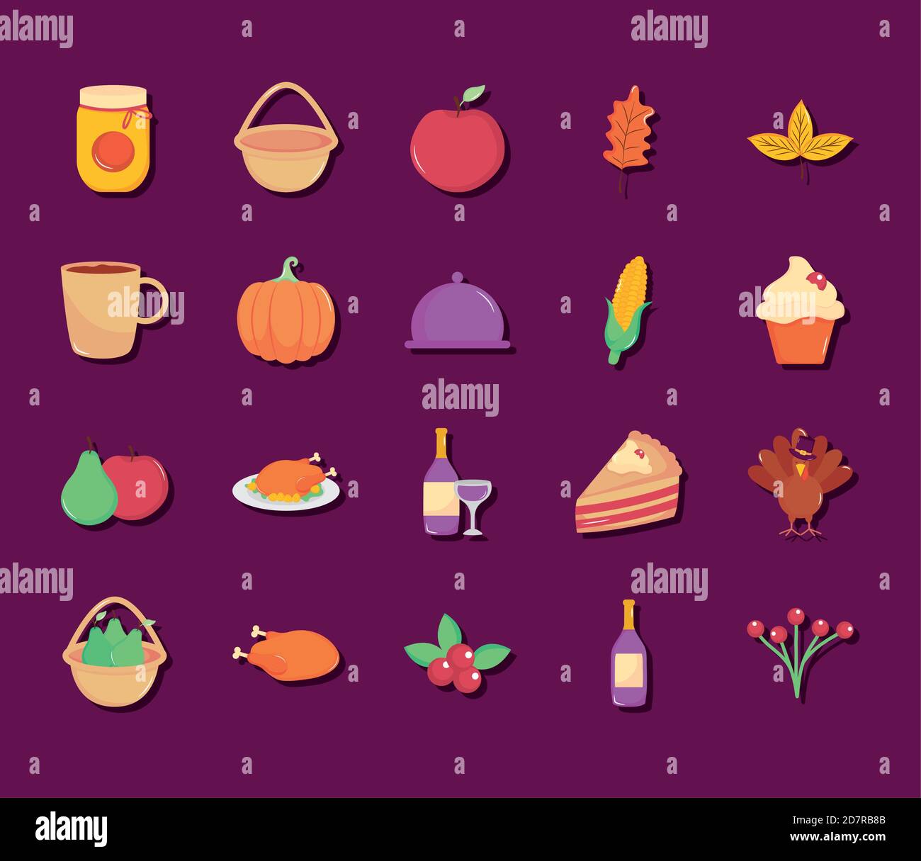 thanksgiving and corn icon set over purple background, flat style ...