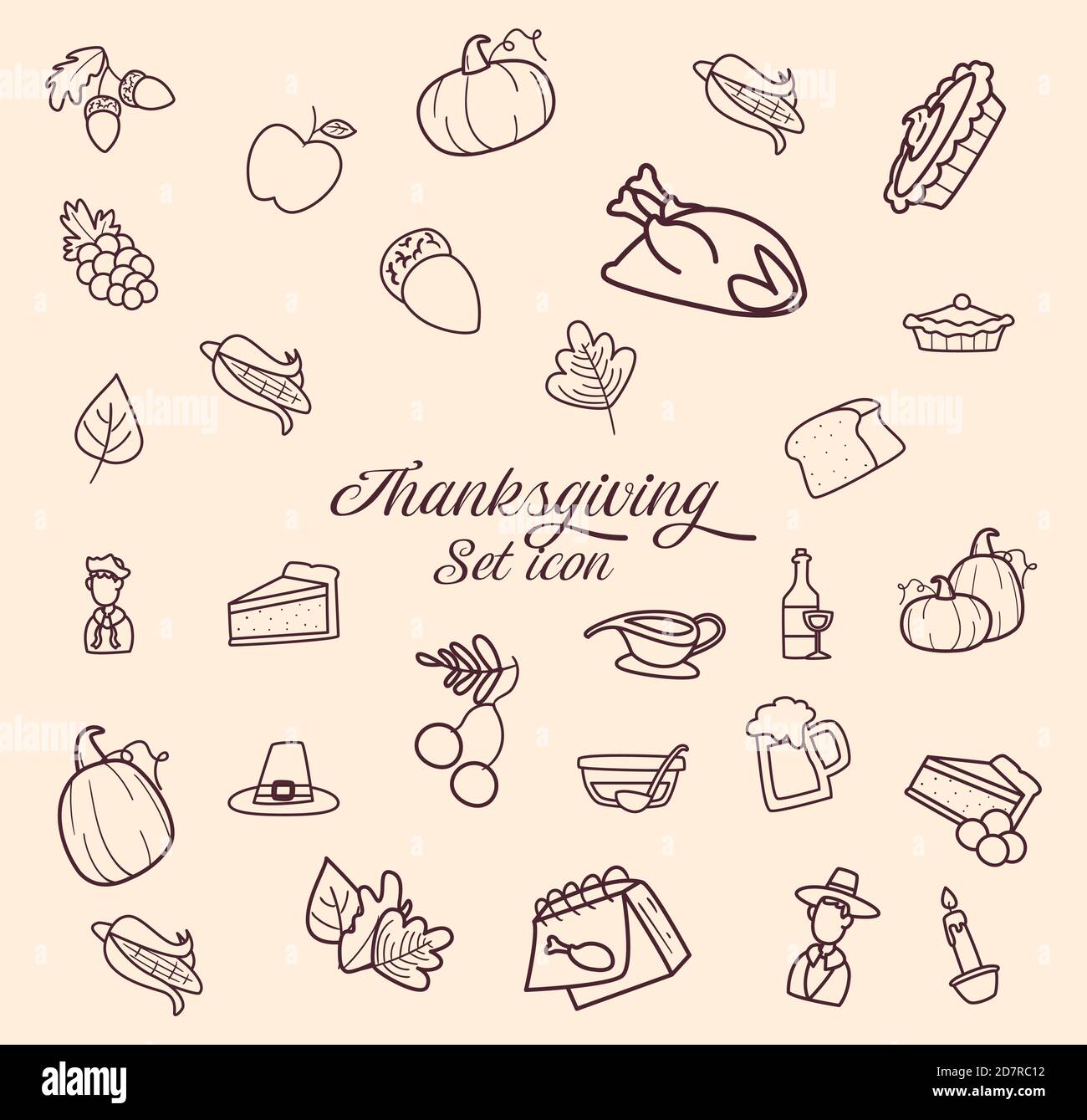 happy thanksgiving day line style symbol set background design, Autumn ...