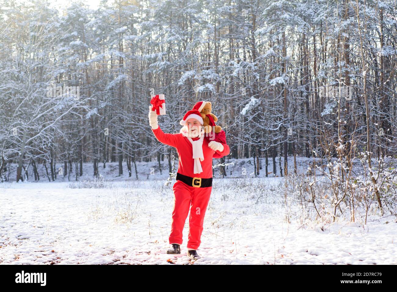 Happy Santa Claus coming to the winter forest with a bag of gifts, snow ...