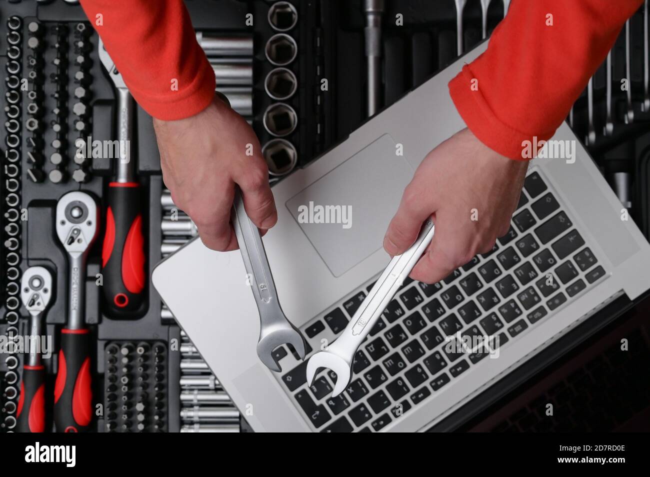 computer maintenance repair concept of man technician holding in hands ...