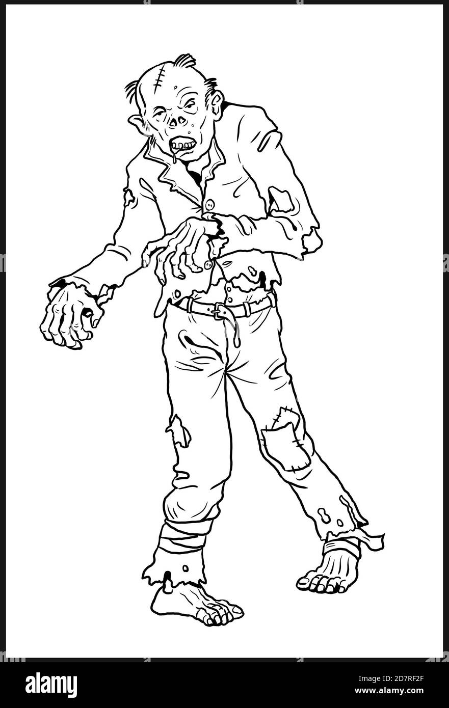 Halloween drawing Zombie. Coloring template. Undead revenant Stock ...