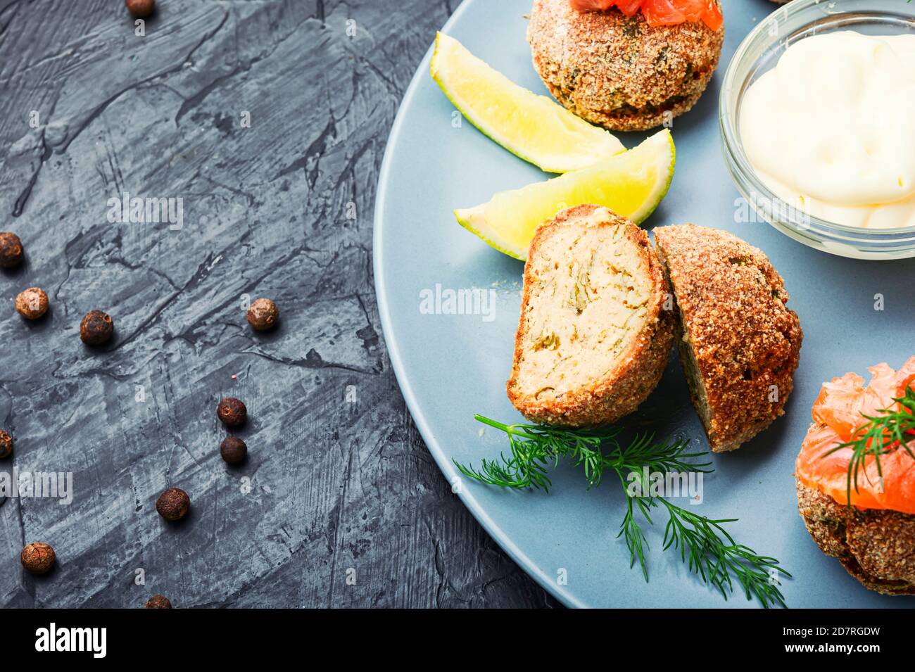 Appetizer homemade cod roe fish meatballs.Fish cutlets decorated with ...