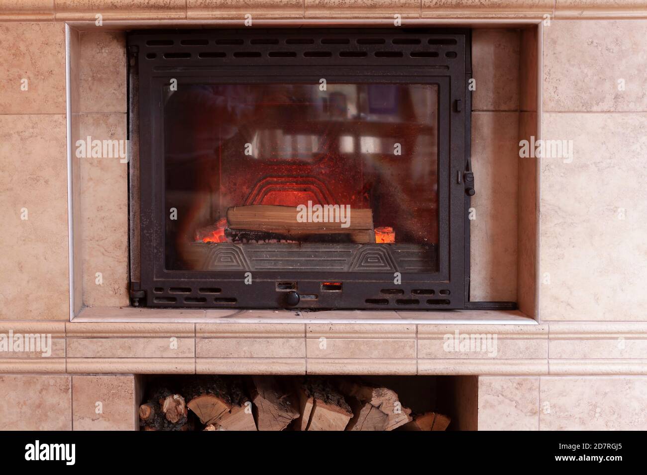 In the fireplace burning logs. View through heat resistant glass door ...