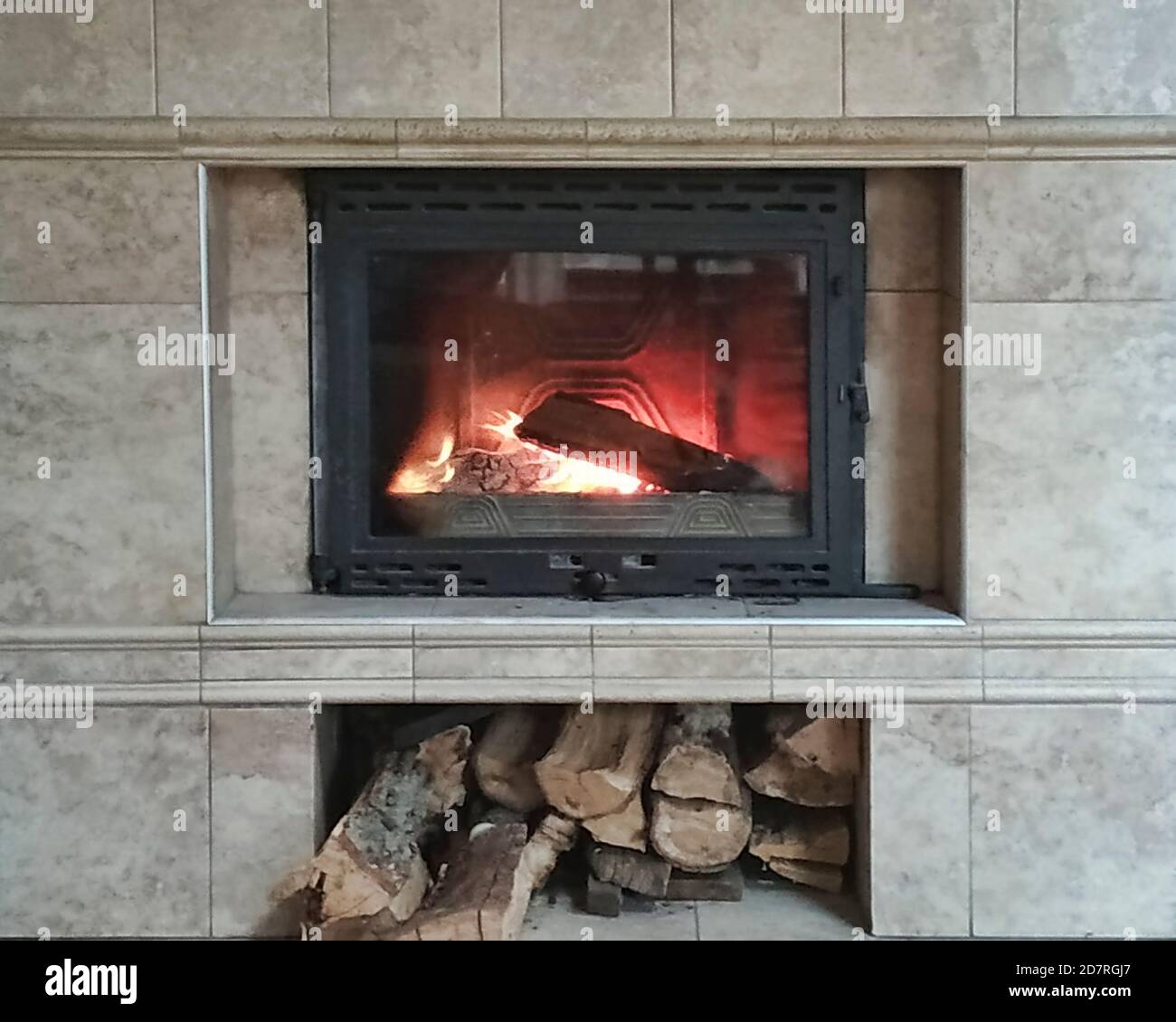 In the fireplace burning logs. View through heat resistant glass door ...